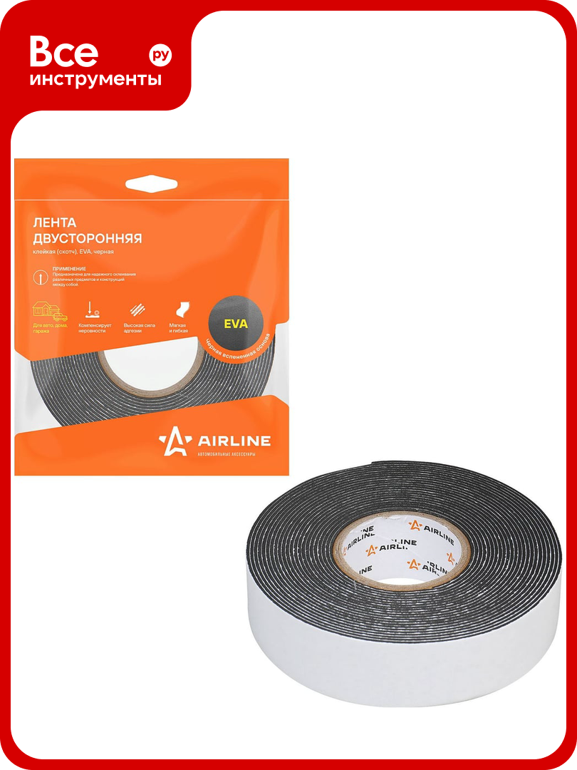 Лента двусторонняя клейкая (скотч) AIRLINE 25мм*5м, EVA вспененная основа, черная ADSF004