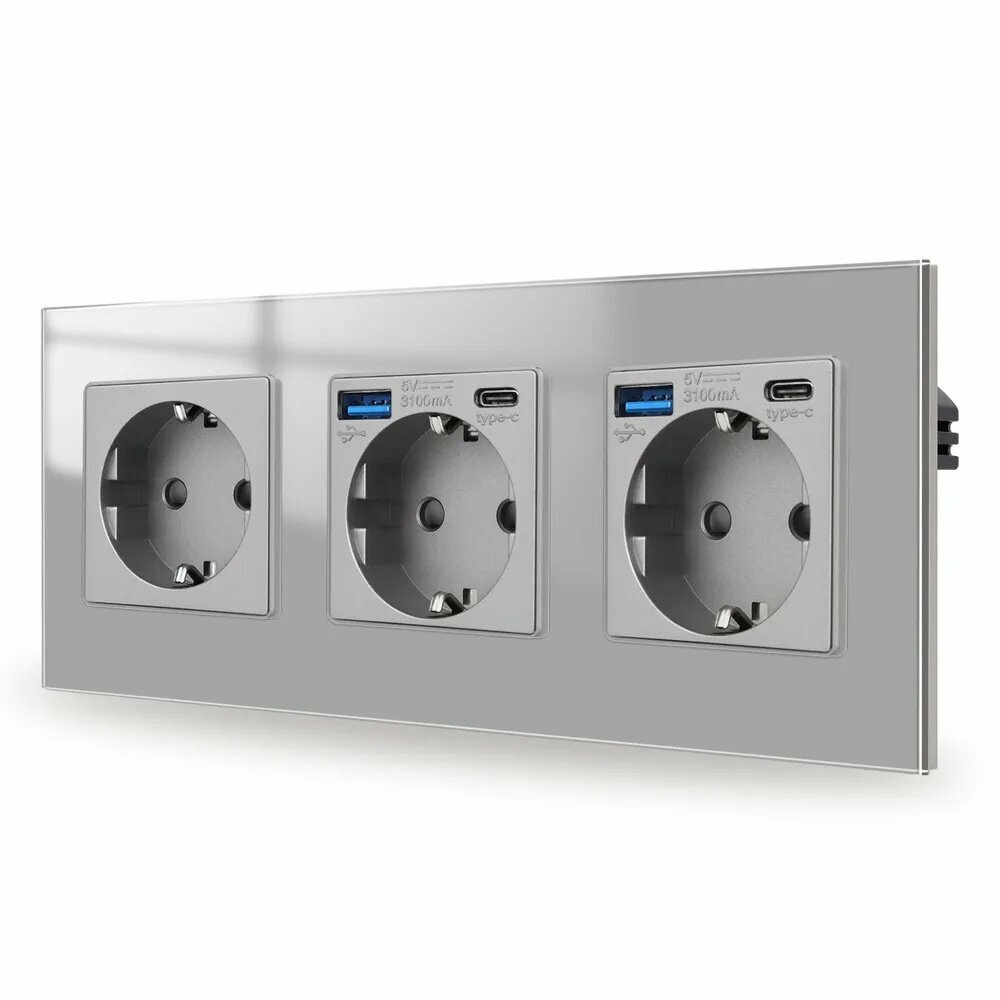 Розетка электрическая,3 поста, 2 Розетка с USB и type-C ,5 В 3,1 А, Серый, 228mm