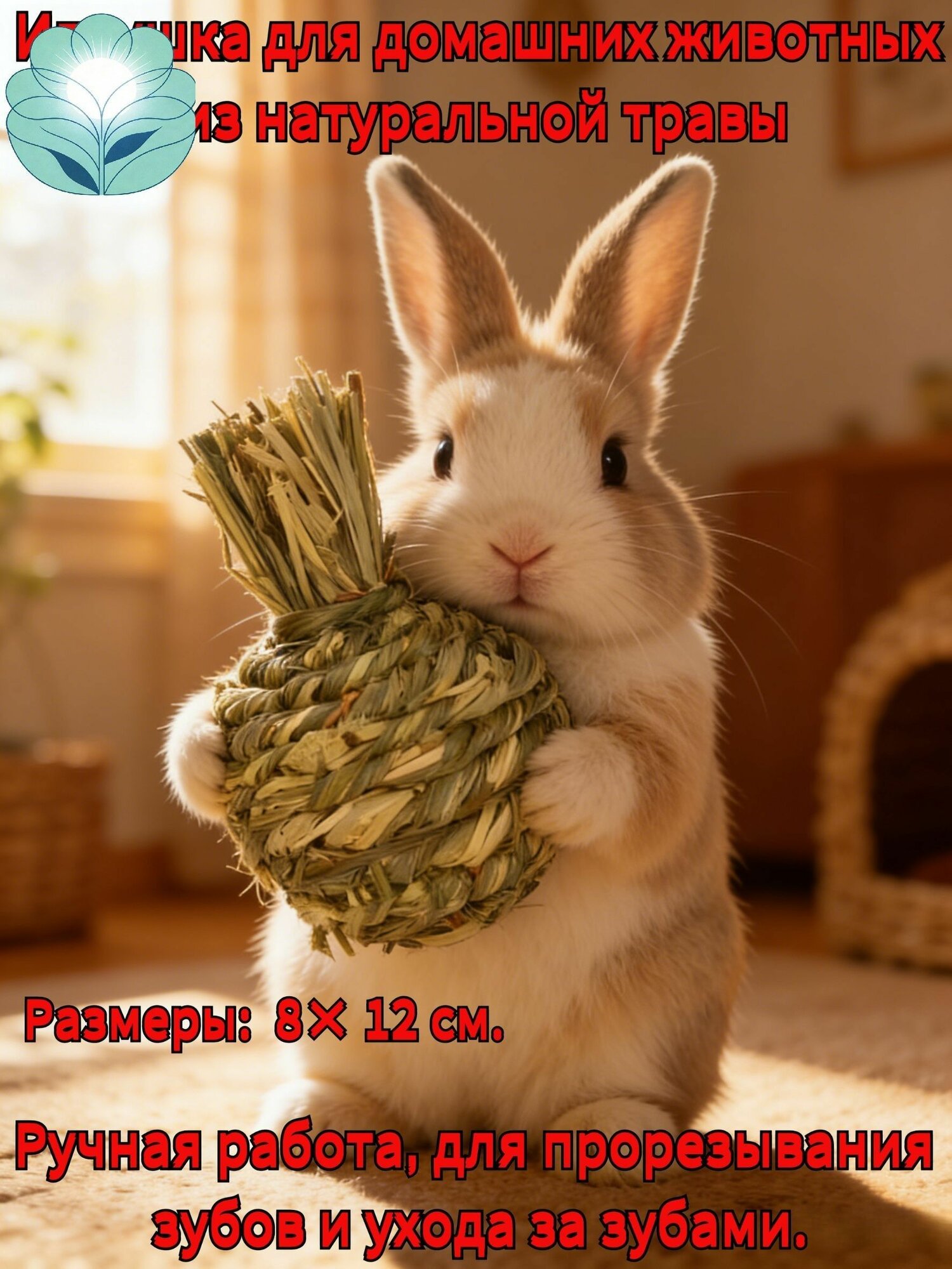 Игрушка для жевания для домашних животных: Игрушка из натуральной травы, подходящая для кроликов, хомяков, морских свинок, шиншилл и песчанок. Способствует здоровью зубов.