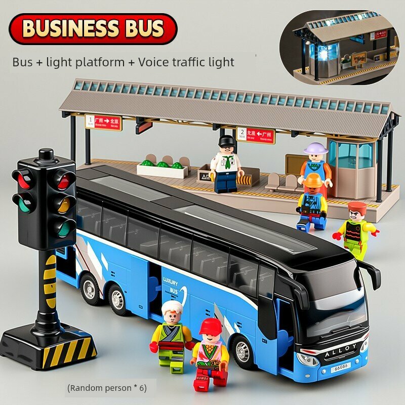 Одноэтажный алюминиевый автобус для мальчиков, синий с светофором, платформой и 6 случайными фигурками, модель автобуса