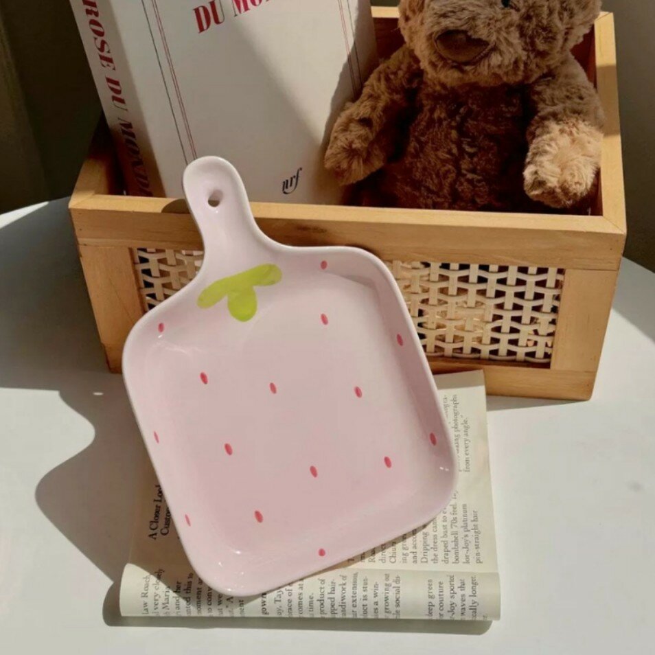 Керамическая миска с подглазурным рисунком клубники, набор посуды для дома, милая посуда для одного человека, рисовая миска, миска с ручкой, суповая миска, тарелка