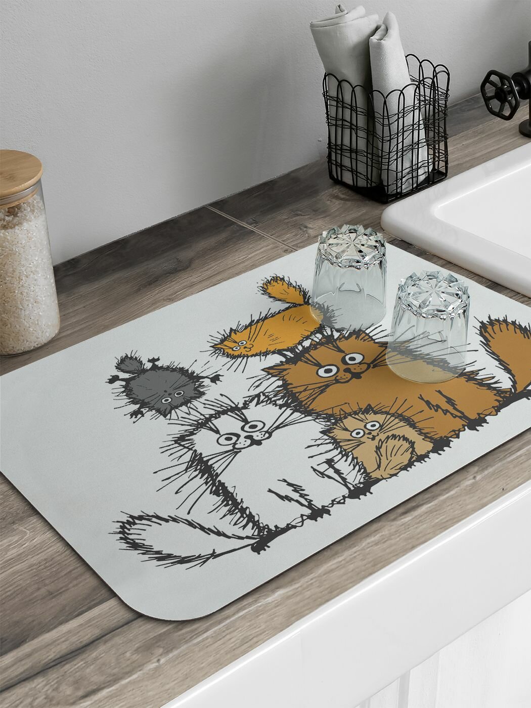 Коврик для сушки посуды прямоугольный "Семейство котов"