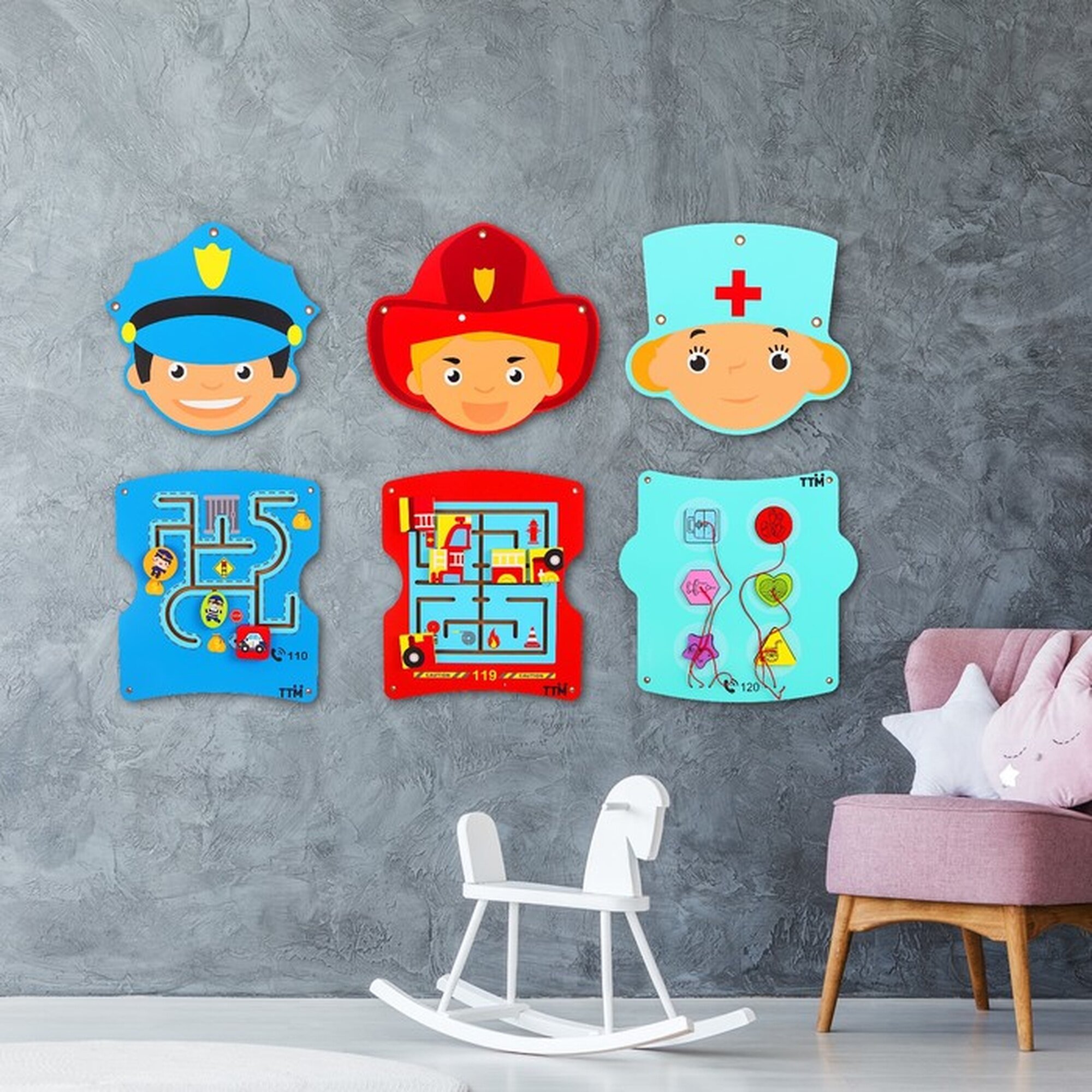 Бизиборд из составных частей «Професии» на стену 3 шт, 58×107 см