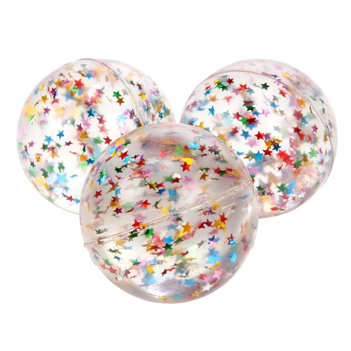 Мячи каучуковые 46 мм, комплект 3шт, прозрачные с разноцветными звездами, прыгучие