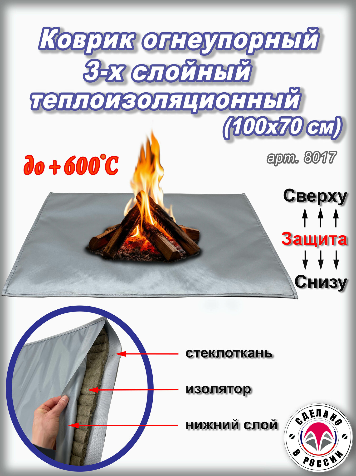 Коврик огнеупорный 3х слойный термоизоляционный, 100х70 см