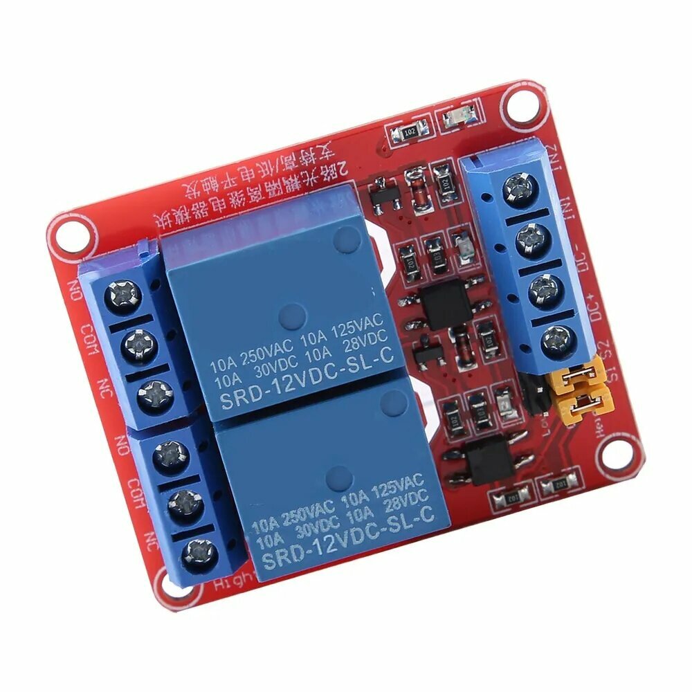 2-канальный модуль реле с опторазвязкой, поддержка срабатывания по высокому/низкому уровню, красная плата (12В)
