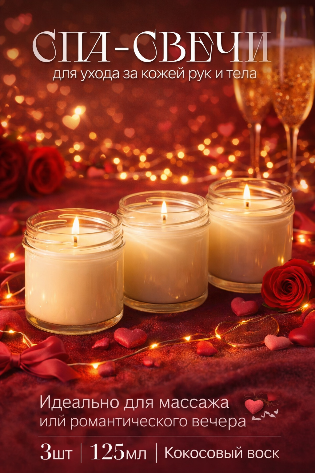 Спа-свечи, кокосовый воск, набор 3 шт, гипоаллергенные, для массажа