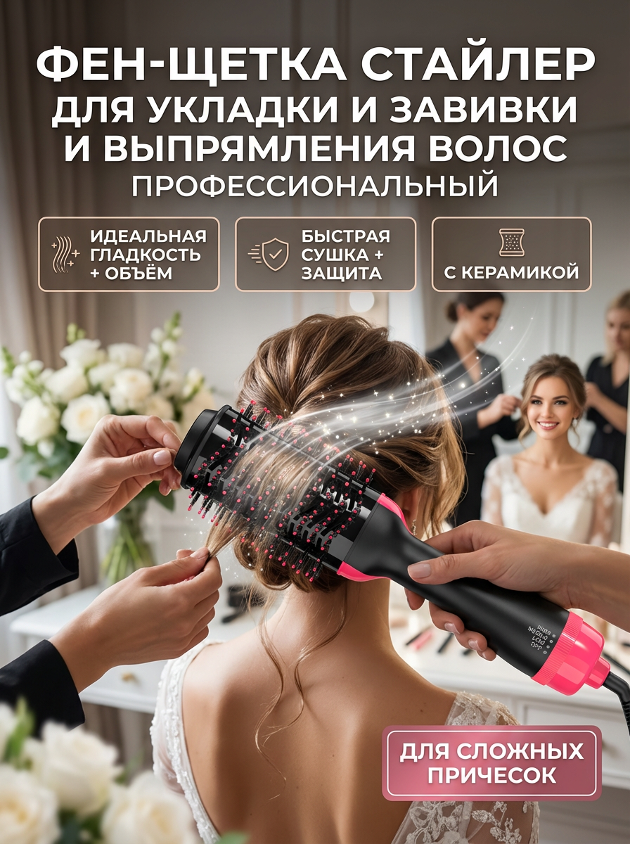 Фен-щетка для волос 3 в 1, Термощетка, Выпрямитель для волос, Стайлер, Расческа