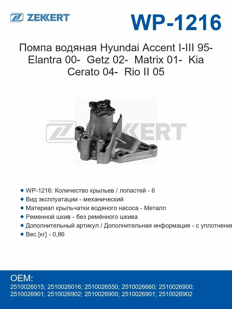 Zekkert Помпа водяная Hyundai Accent I-III с 1995 г. Elantra с 2000 г. Getz с 2002 г. Matrix с 2001 г. Kia Cerato с 2004 г. Rio II 05