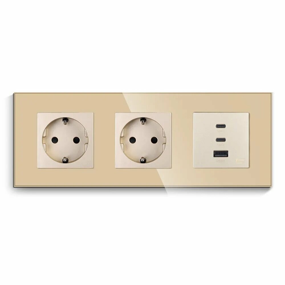 Розетка тройная внутренняя с USB и type-C быстрая зарядка 65W и розеткой EU 220V, рамка закаленное стекло золота
