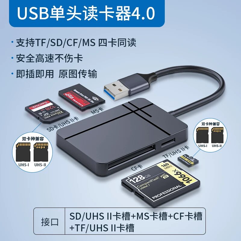 USB3.0 Одноканальный картридер (USB), поддерживает TF/SD/CF/MS карты, скорость 4.0, чтение 4 карт одновременно