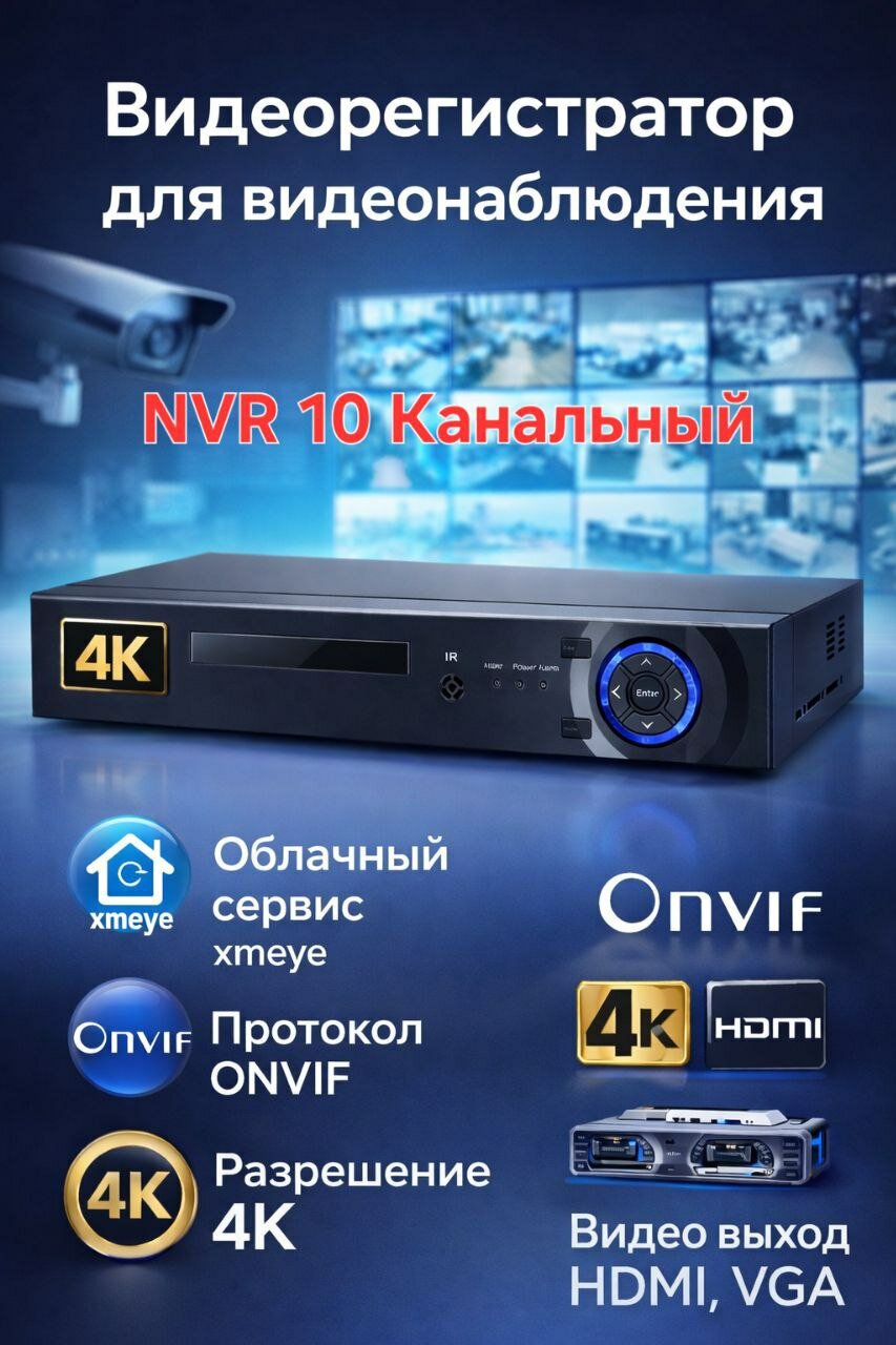 IP Видеорегистратор NVR 10CH 4K до 8МП