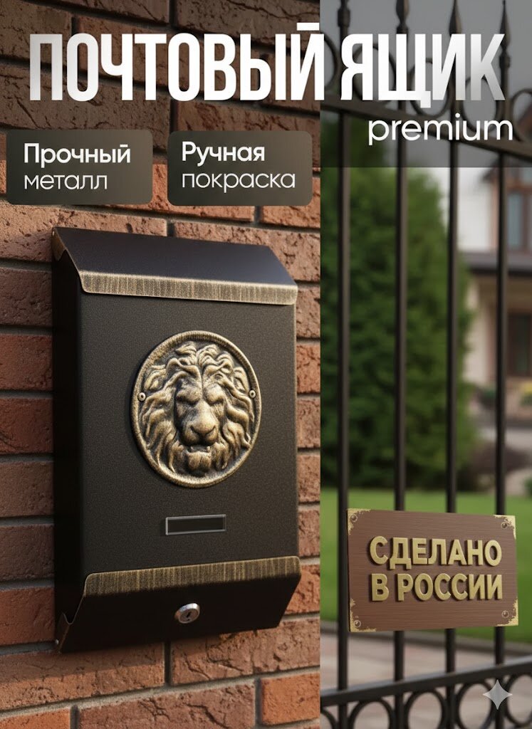 Ящик почтовый полистрой с накладкой "Лев" (в центре)/цвет: золотой/для почты и писем/уличный ящик с ключом