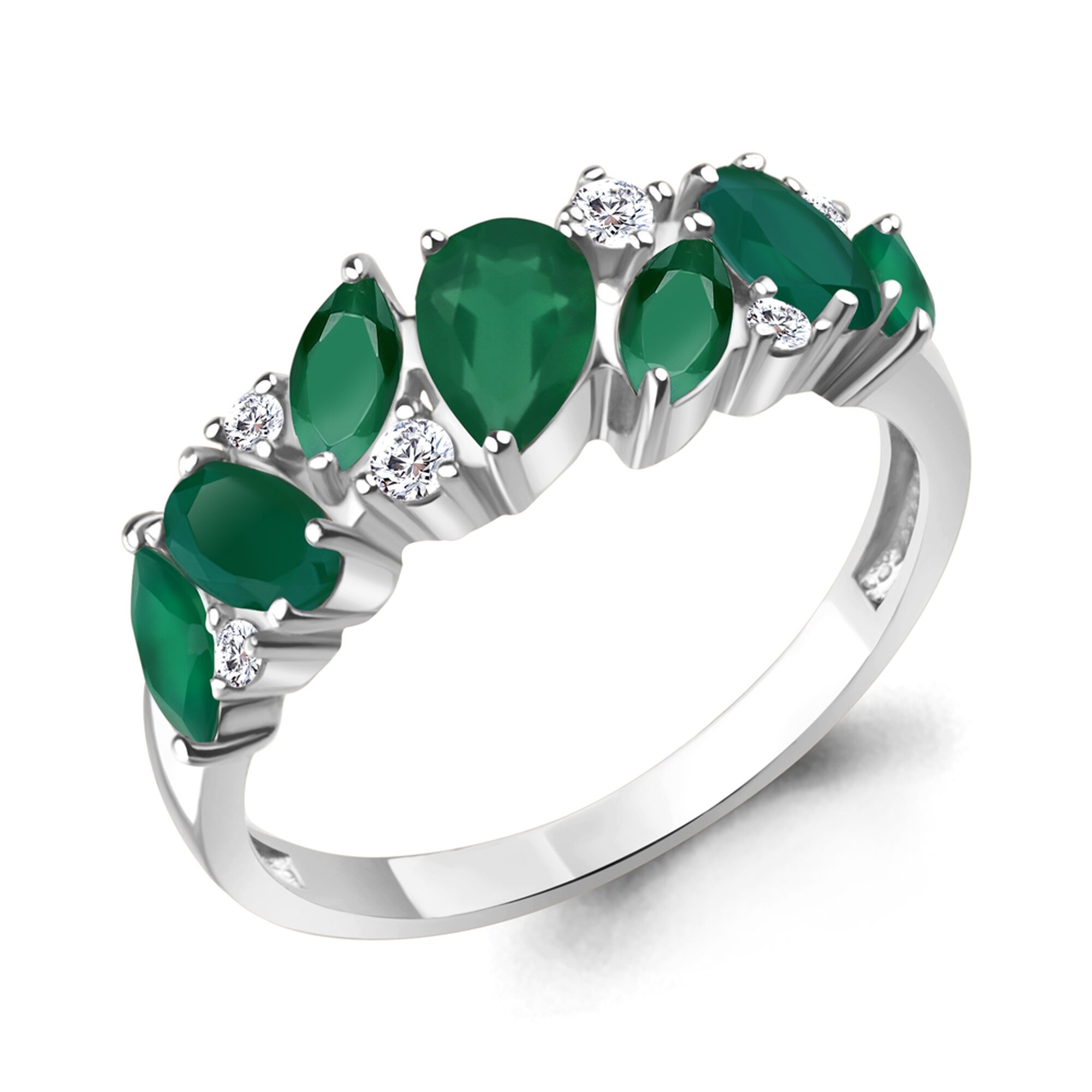 Кольцо, серебро, 925 проба, родирование, агат, фианит