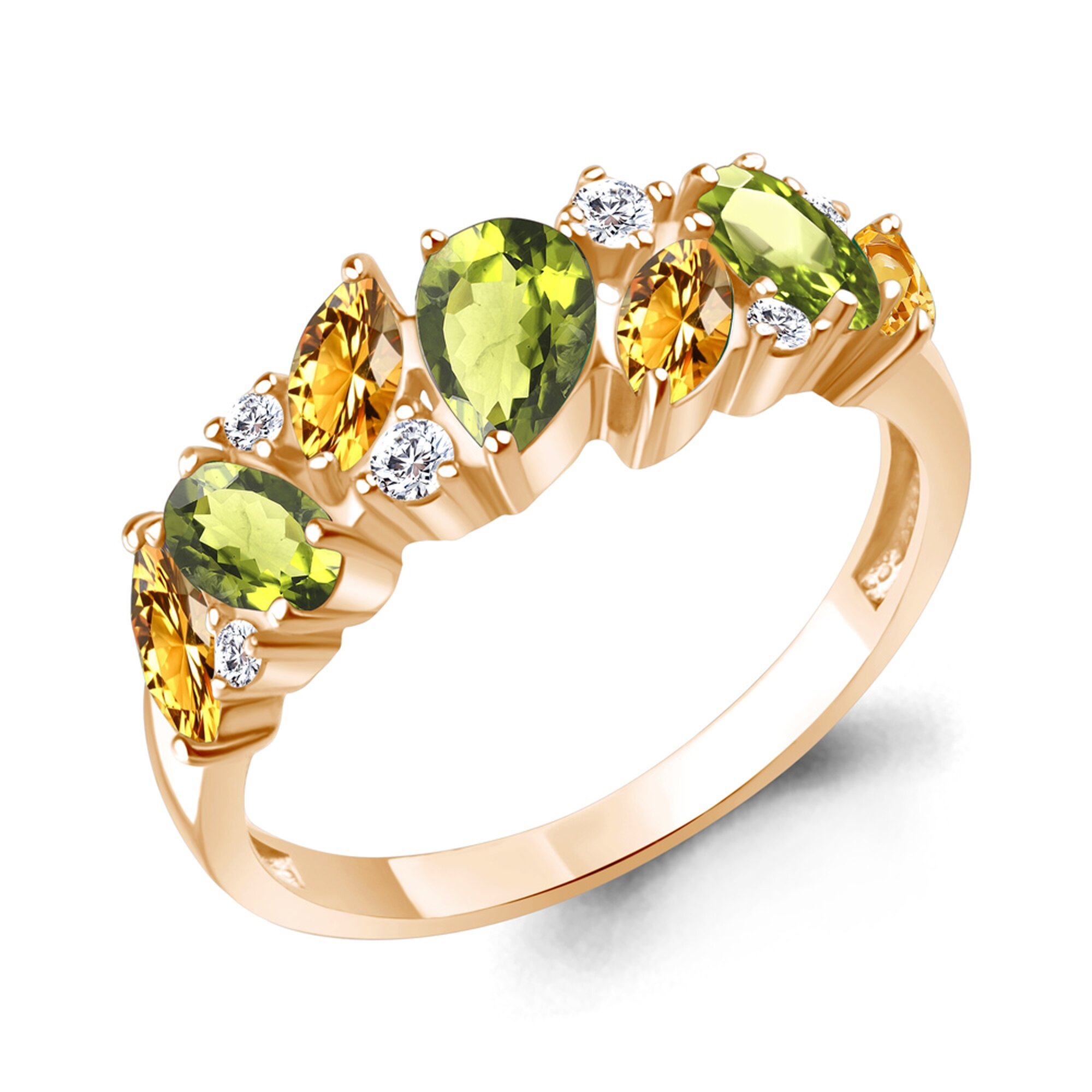 Кольцо, серебро, 925 проба, золочение, цитрин, фианит, хризолит