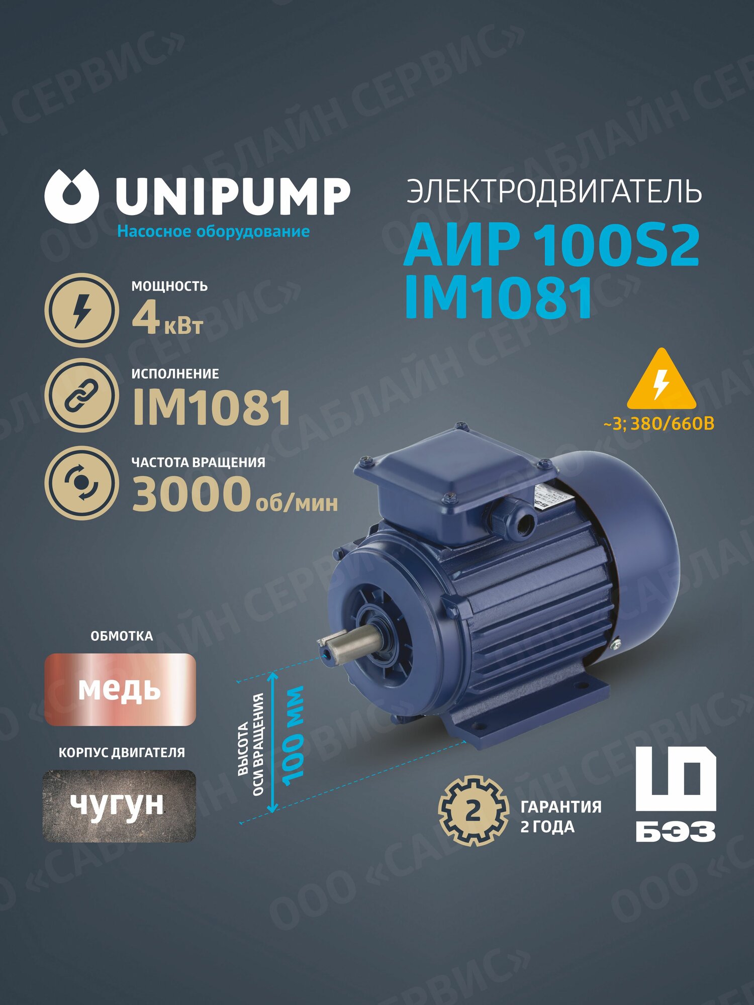 Электродвигатель АИР 100S2 IM1081 (4 кВт/3000 об/мин), корпус чугун