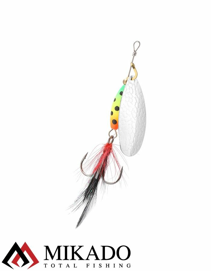Блесна вращающаяся с кисточкой Mikado M-GRUB № 4, 13 г, SILVER/FIRETIGER