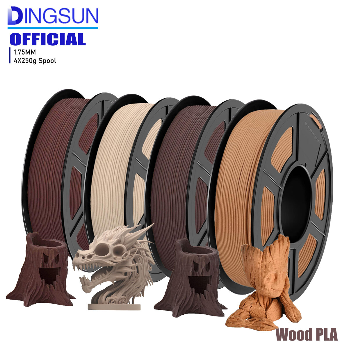Нить PLA для 3D-принтера Wood, матовая поверхность и низкая деформация, катушка 4x250 г (общий вес 1 кг, 2,2 фунта), точность 1,75 мм +/- 0,02 мм деревонаполненный PLA филамент набор 4 катушки