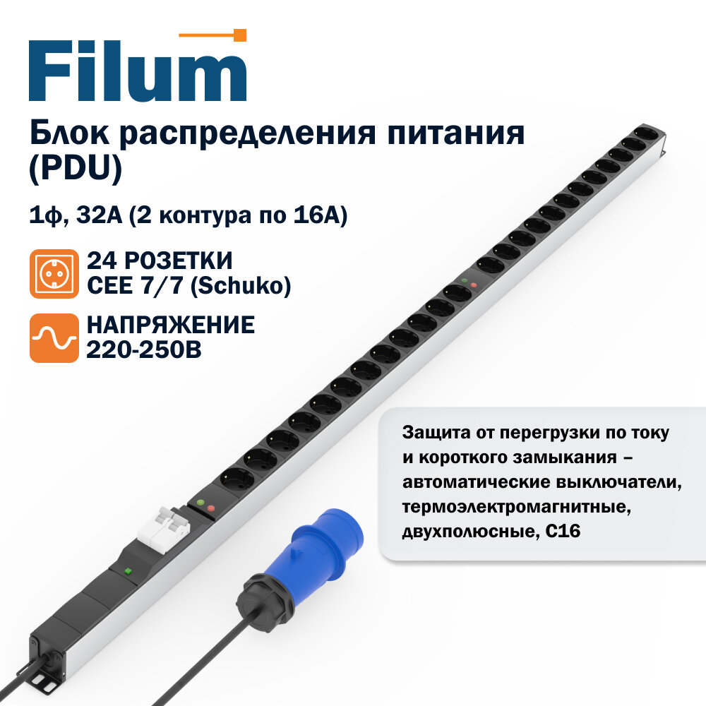 Блок розеток Filum FL-S-32-24S-I-MCB-1408-3-2PE, 3 м, 2 аввыкл, 24 Schuko