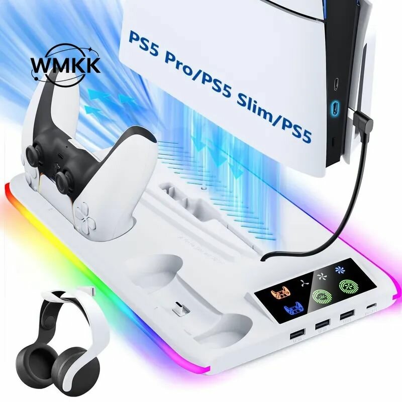 Кулер для PS5 Slim с USB-портами , Охлаждение и зарядные станции , Стойка для аксессуаров PlayStation5 , Цифровая/дисковая версия с 4 портами и подставкой для наушников