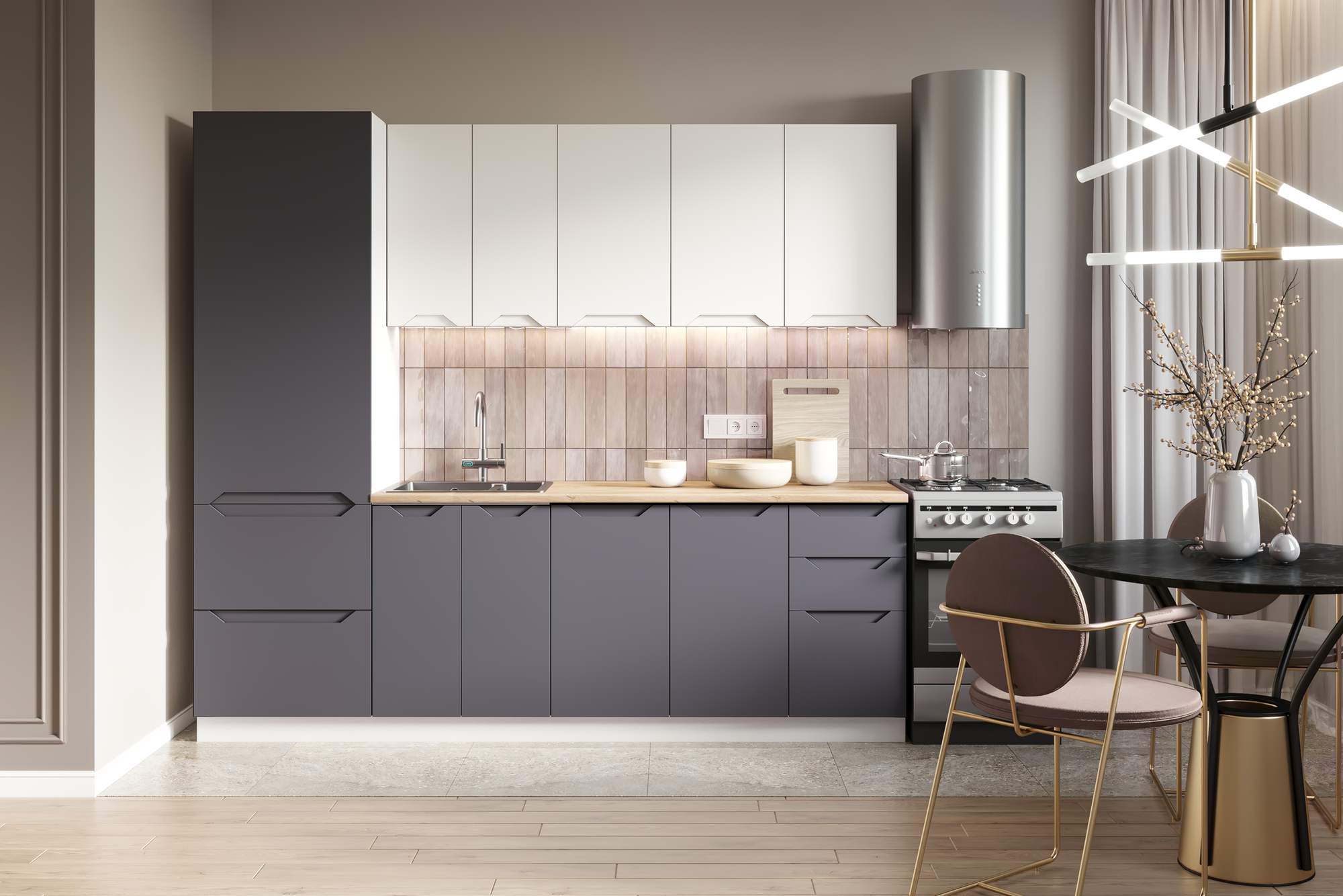 Кухонный гарнитур "Хельга" 2,4 м, Серый дым Софт/Маренго