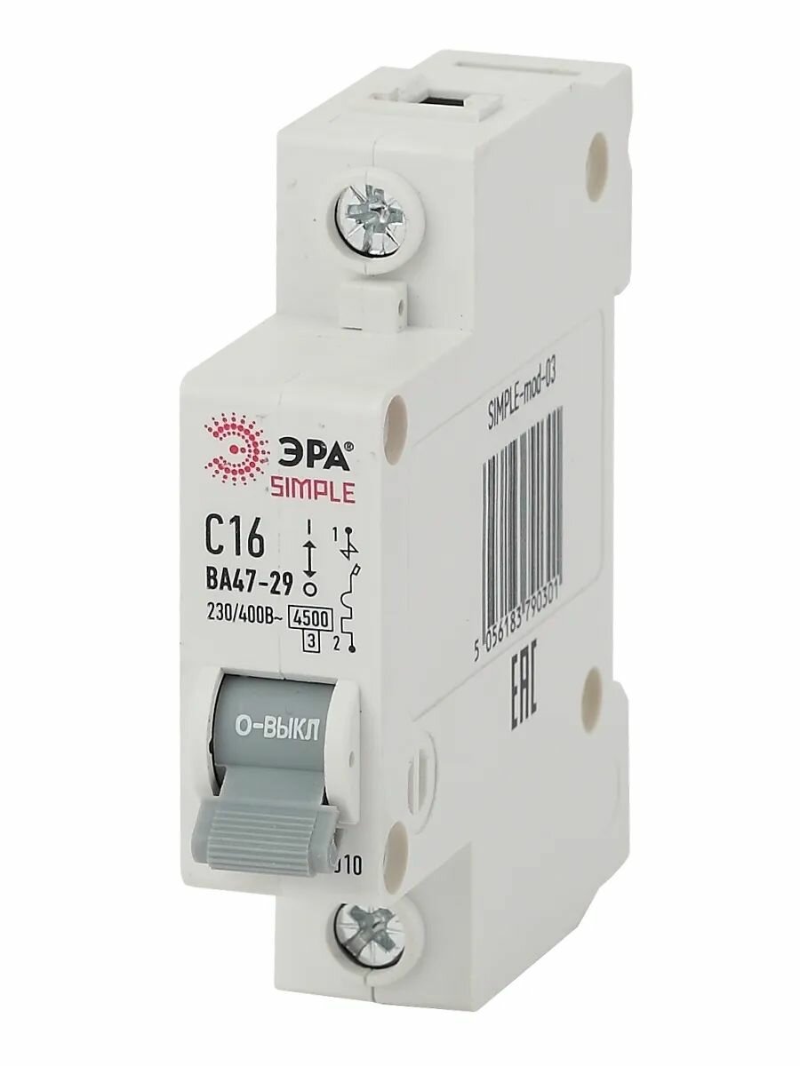 Автоматический выключатель 16А модульный однофазный ЭРА SIMPLE ВА 47-29 1P однополюсный кривая C 4,5кА