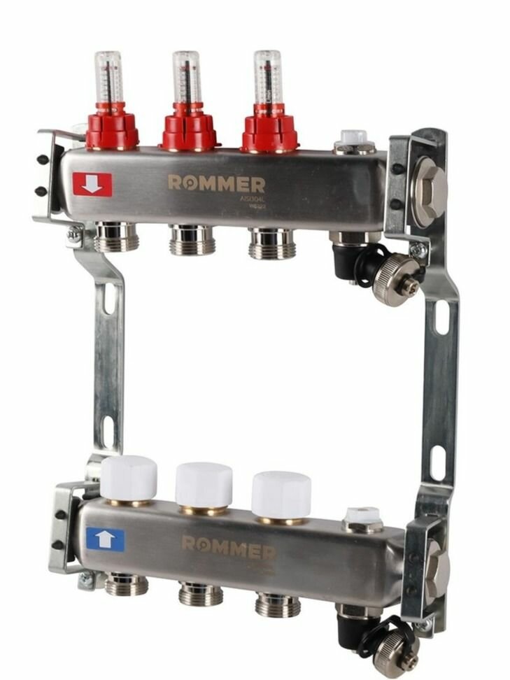 Коллектор распределительный Rommer RMS-1201-000003 3 выхода с расходомерами, с воздухоотводчиками