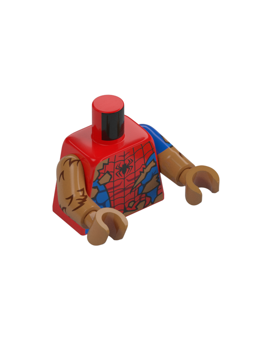 Деталь Lego Torso Spider-Man Costume Tattered, Black Spider and Webbing, Blue Side Panels, Medium Nougat Fur Behind Rips and Tears Pattern / Medium Nougat Arm with Molded Blue Short Sleeve and Printed Tear and Reddish Brown Fur Pattern Left / Medium