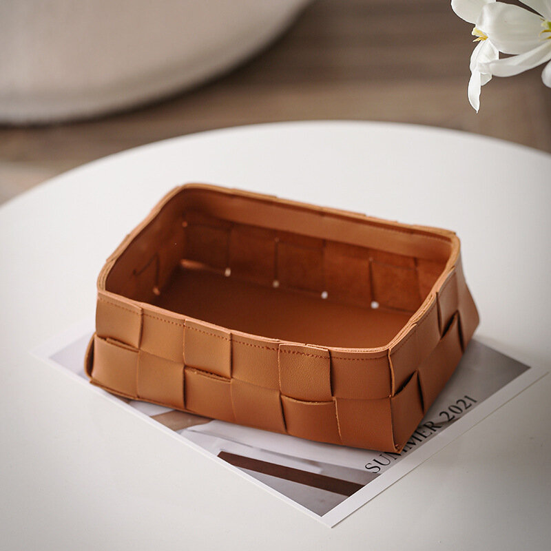 Простая плетеная кожаная корзина для хранения, держатель для ключей, для гостиной, прихожей, стола, корзина для хранения косметики.