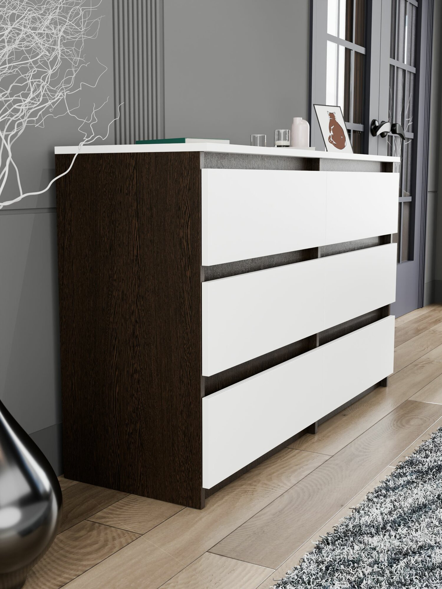 Комод для белья и одежды орлан 6 ящиков, 120х76.4х40 см, венге/белый