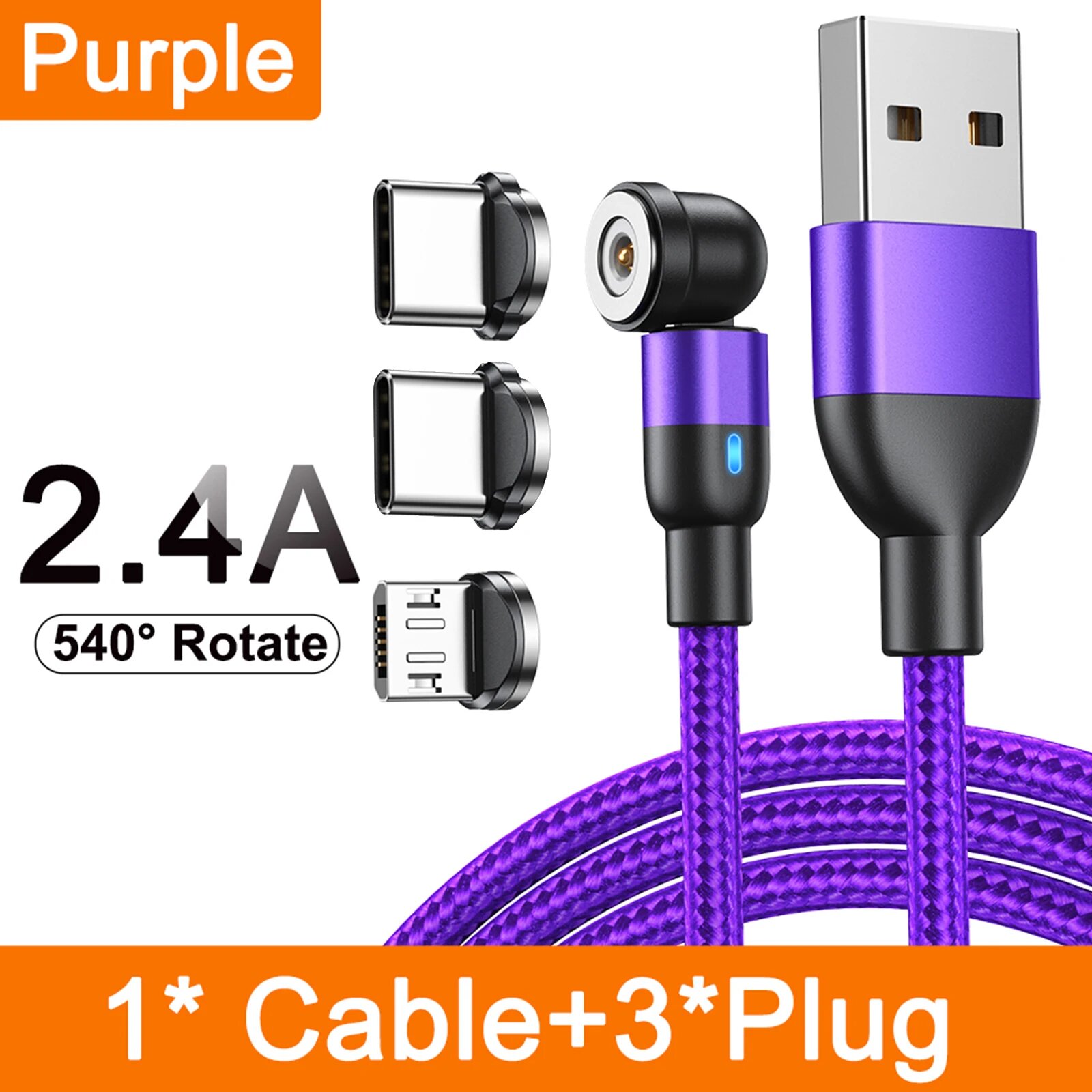 Магнитный кабель 2м Purple с 3 Tips, 2.4A, 540°