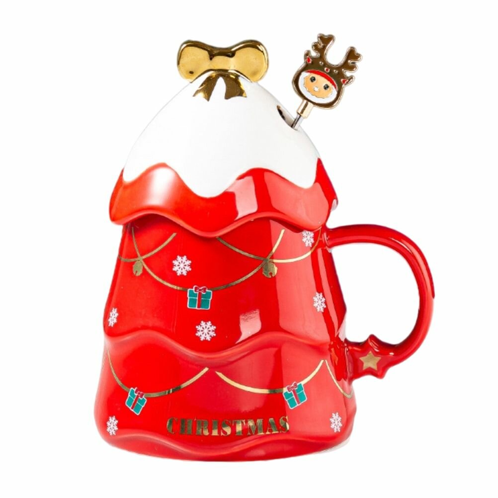 Набор керамических кружек с крышкой и ложкой 500 мл, рождественский дизайн