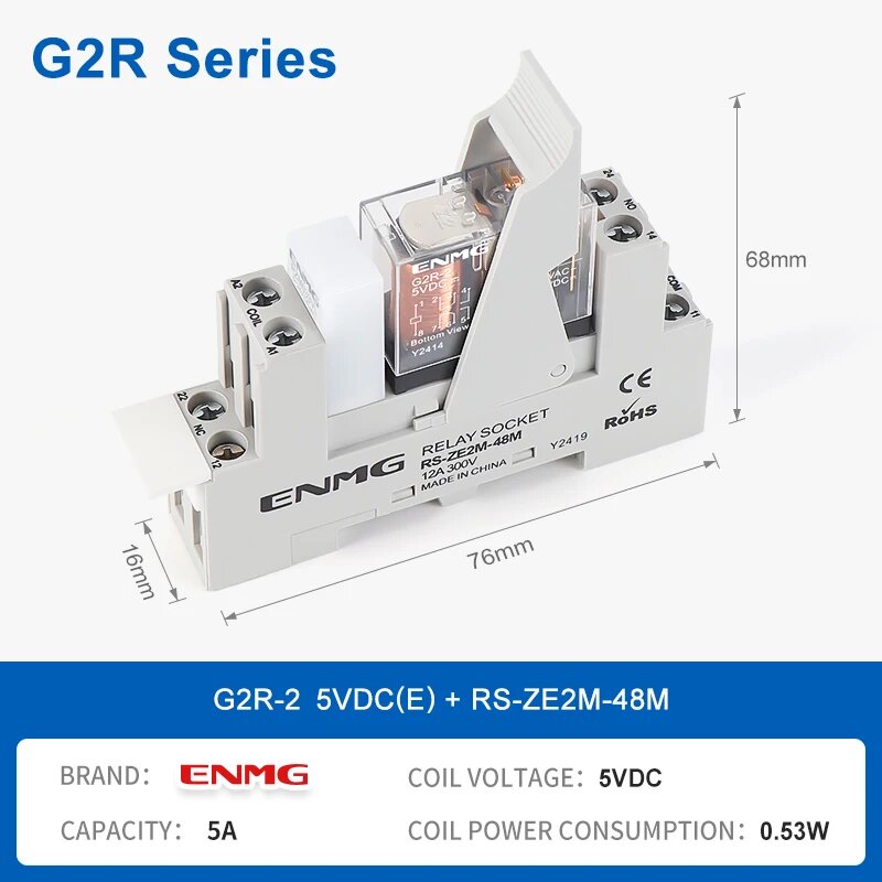 Электромагнитное реле ENMG G2RL-1-E (тонкое) на DIN-рейку, 2НО2НЗ, 16А, с индикатором состояния, вход DC 24В, однополюсное, с защитой от переходных процессов.