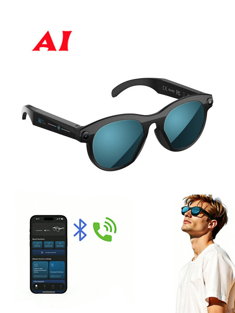 AI Умные очки с камерой 2МП, голосовым помощником, переводом 11 языков, Bluetooth 5.4 и музыкой, 290mAh, 45г