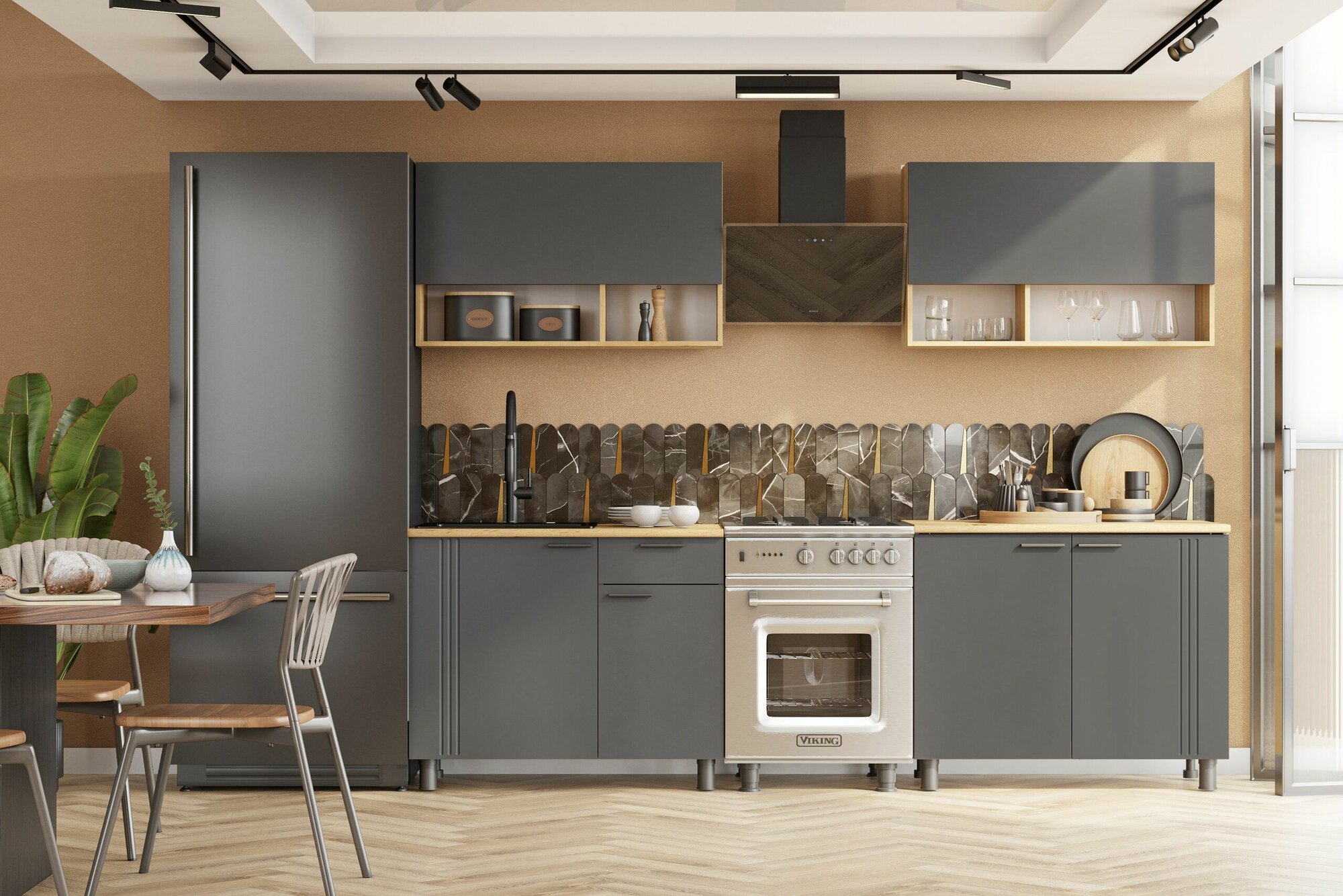 Кухонный гарнитур 2 метра, цвет Дуб Золотой/Графит, со столешницей