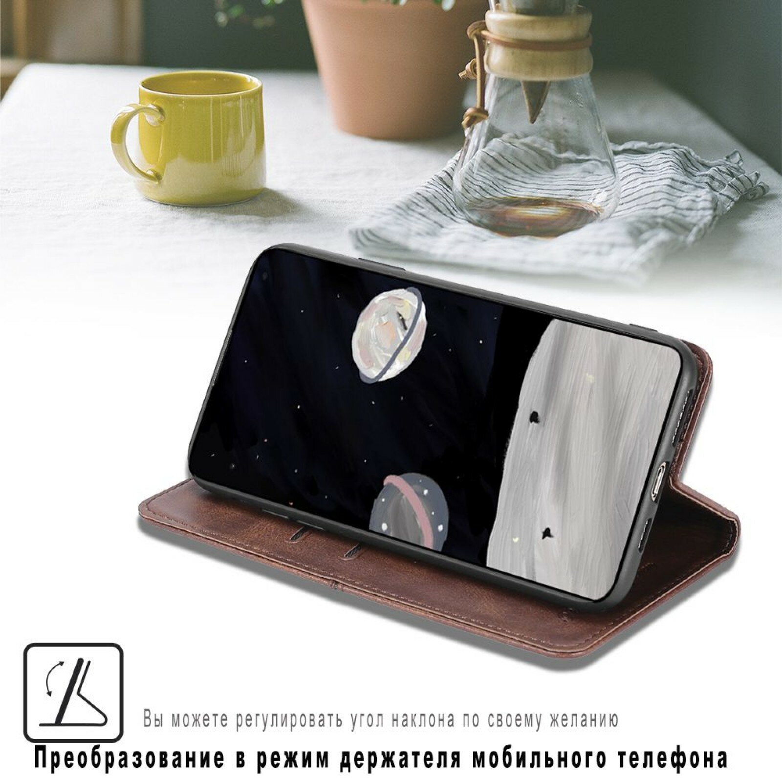 Чехол-книжка MyPads для Realme 10 Pro из натуральной воловьей кожи с подставкой, коричневый