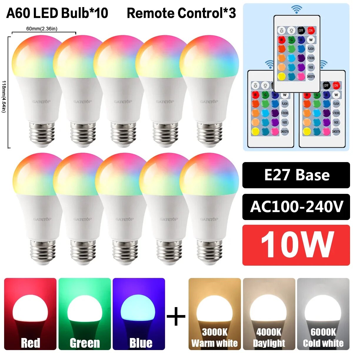 RGB светодиодная лампочка Gatetop 10 Вт, 10pcs, 6000K