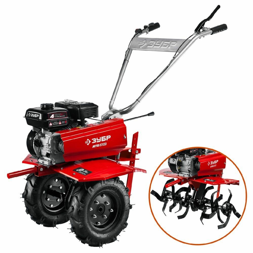 Бензиновый мотоблок с понижающей передачей ЗУБР, увеличенные колеса, 7 л. с. арт. МТБ-400 У