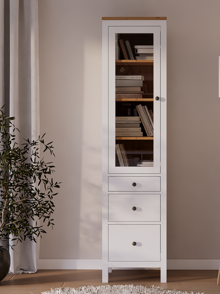 Шкаф-витрина со стеклом Хемнэс Hemnes/ Кымор, 49х198х37, 3 ящика, белый светло-коричневый