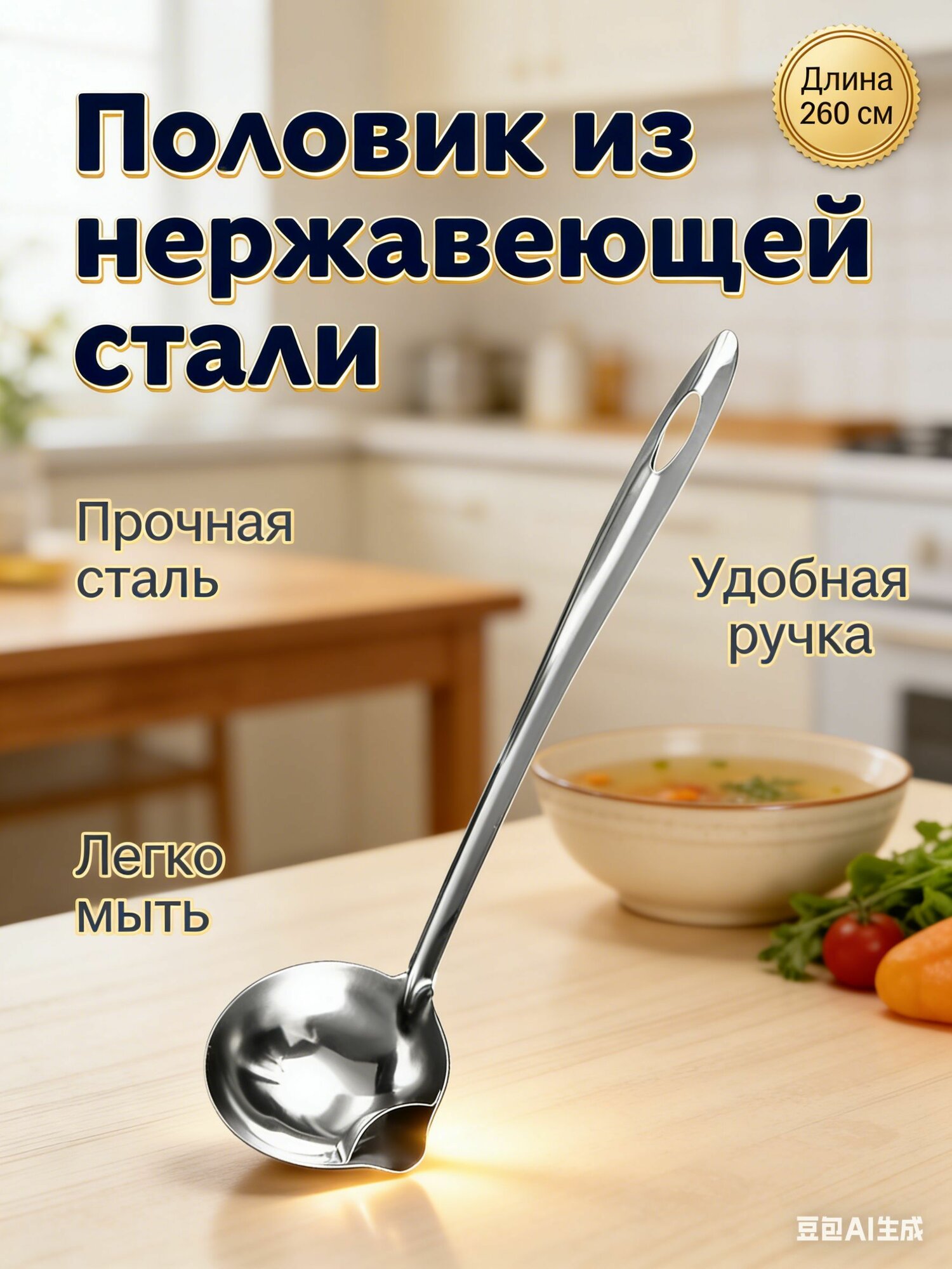 Половник для супа с удобным носиком, нержавеющая сталь, 26х7.5 см, 1 шт, для семейного обеда