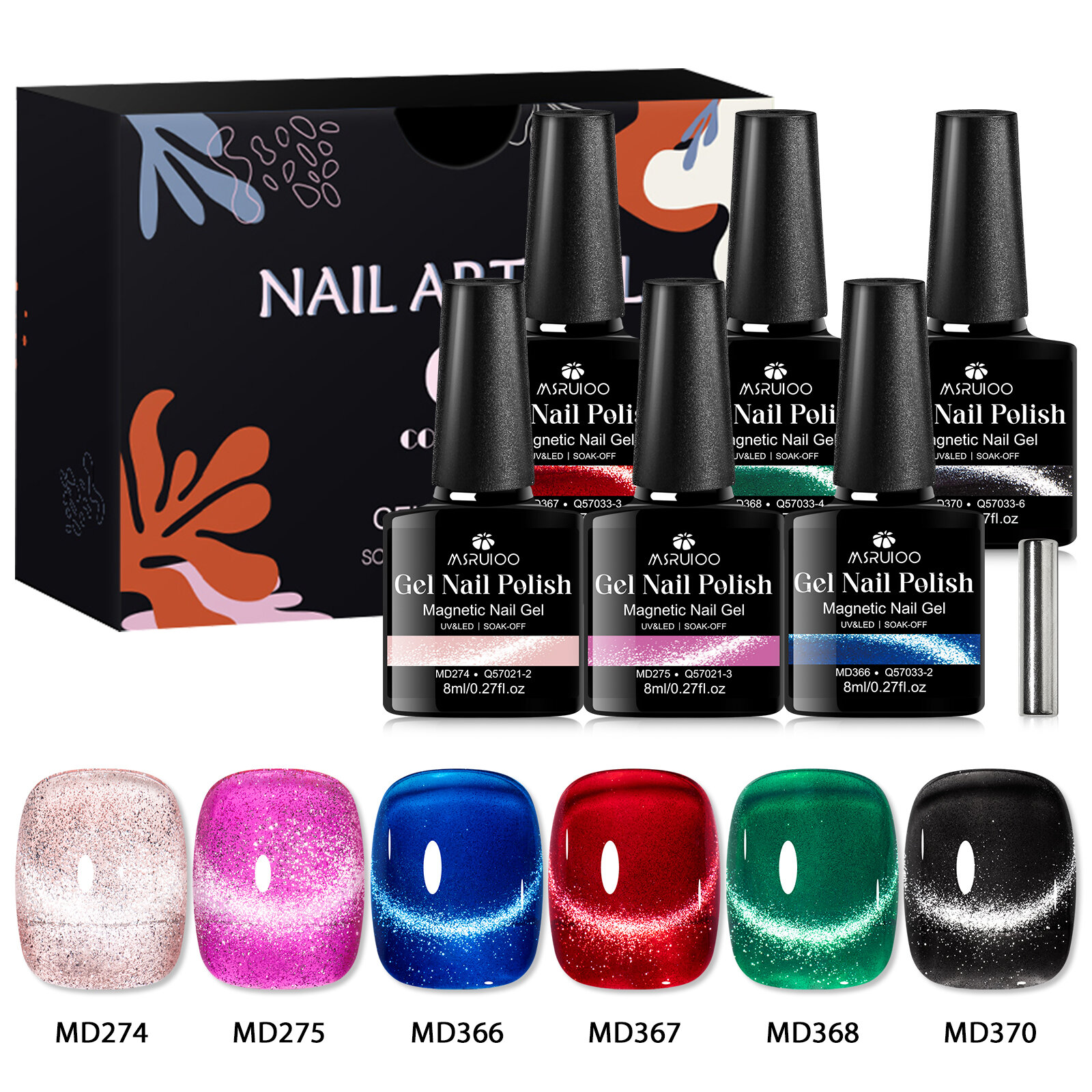 Набор 7 шт. Магнитный гель-лаков "Кошачий глаз" по 8 мл: осенне-зимний, кристаллный, высокий глянец, долговечный, устойчивый эффект, для нейл-арта, LED/UV лампа