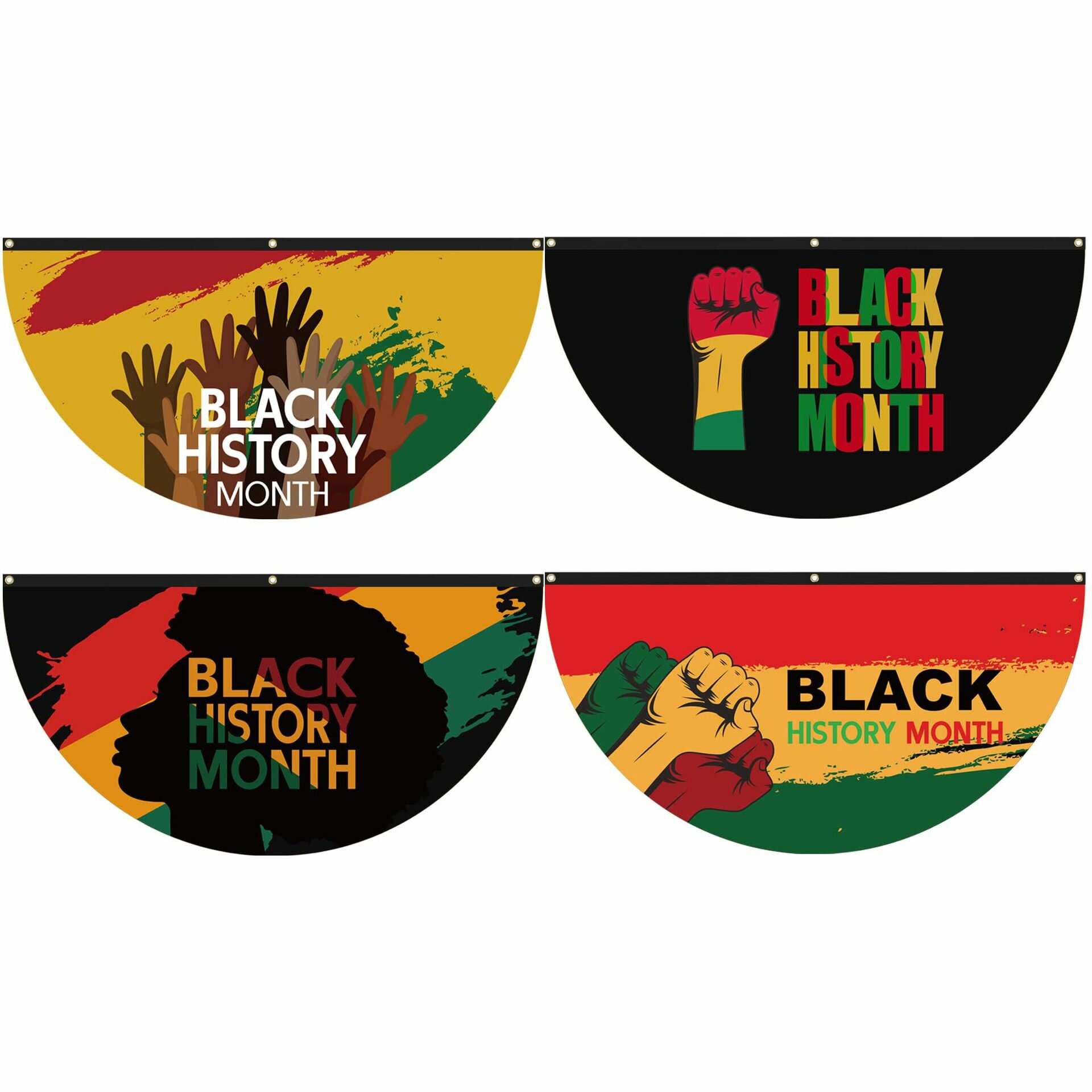 Набор из 4 флажков-гирлянд к Месяцу истории чернокожих – флажки-веера размером 1,5 x 3 фута, изготовлены из полиэстера, с яркими изображениями мирного кулака и афро-прически, идеально подходят для культурных мероприятий, праздников и украшения двора.