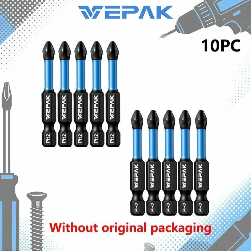 Набор из 10 бит для ударной отвертки VEPAK VP1PH2050-1, сталь S2, твердость PH2, 50 мм.