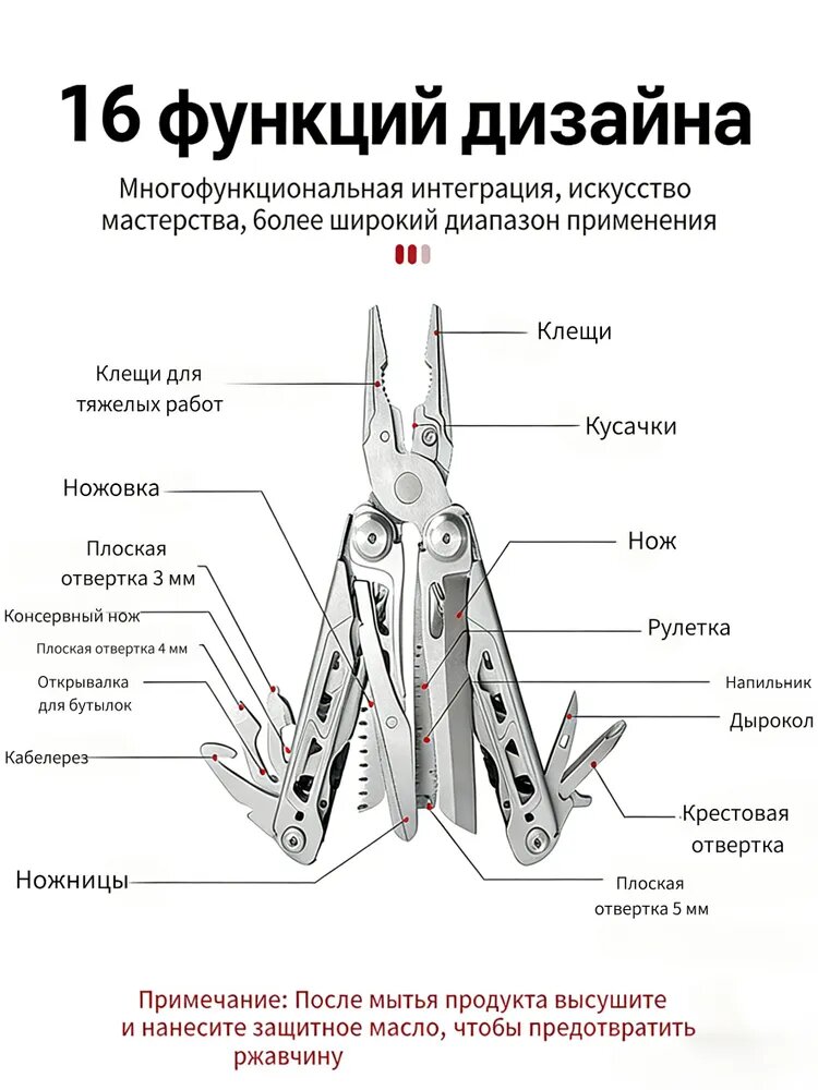 Мультитул черный многофункциональный 16 в 1, плоскогубцы для походов, кемпинга и домашнего ремонта. — фото 1