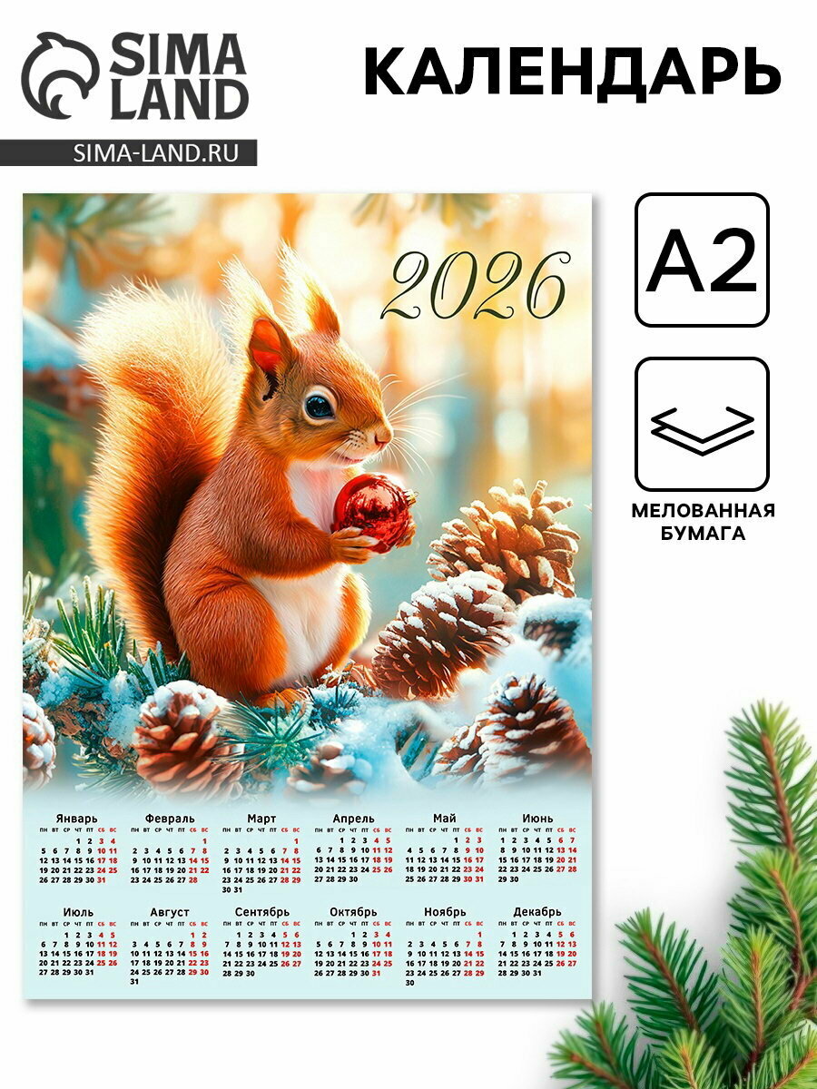 Календарь 2026 настенный "Белка", А2, тематика: животный мир, 20 шт.