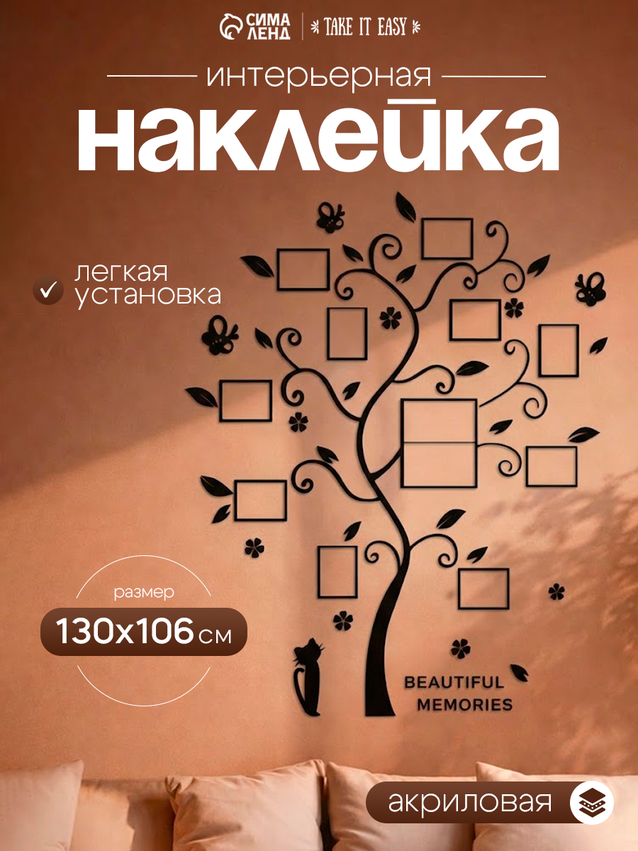 Наклейка интерьерная с фоторамками TAKE IT EASY «Воспоминания», декор на стену, панно 130×106 см