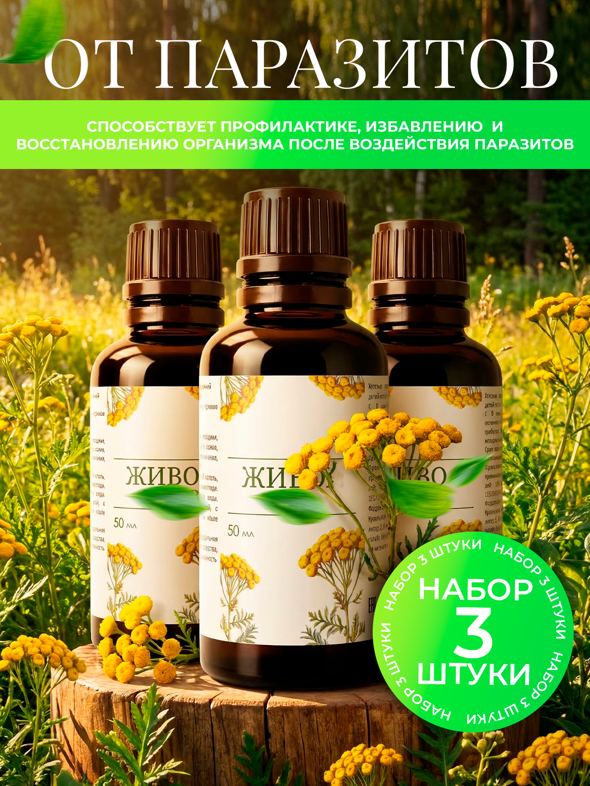 Комплекс от паразитов Живой Устав, для ЖКТ, активные ингредиенты, натуральный состав, 50 мл, 3 шт