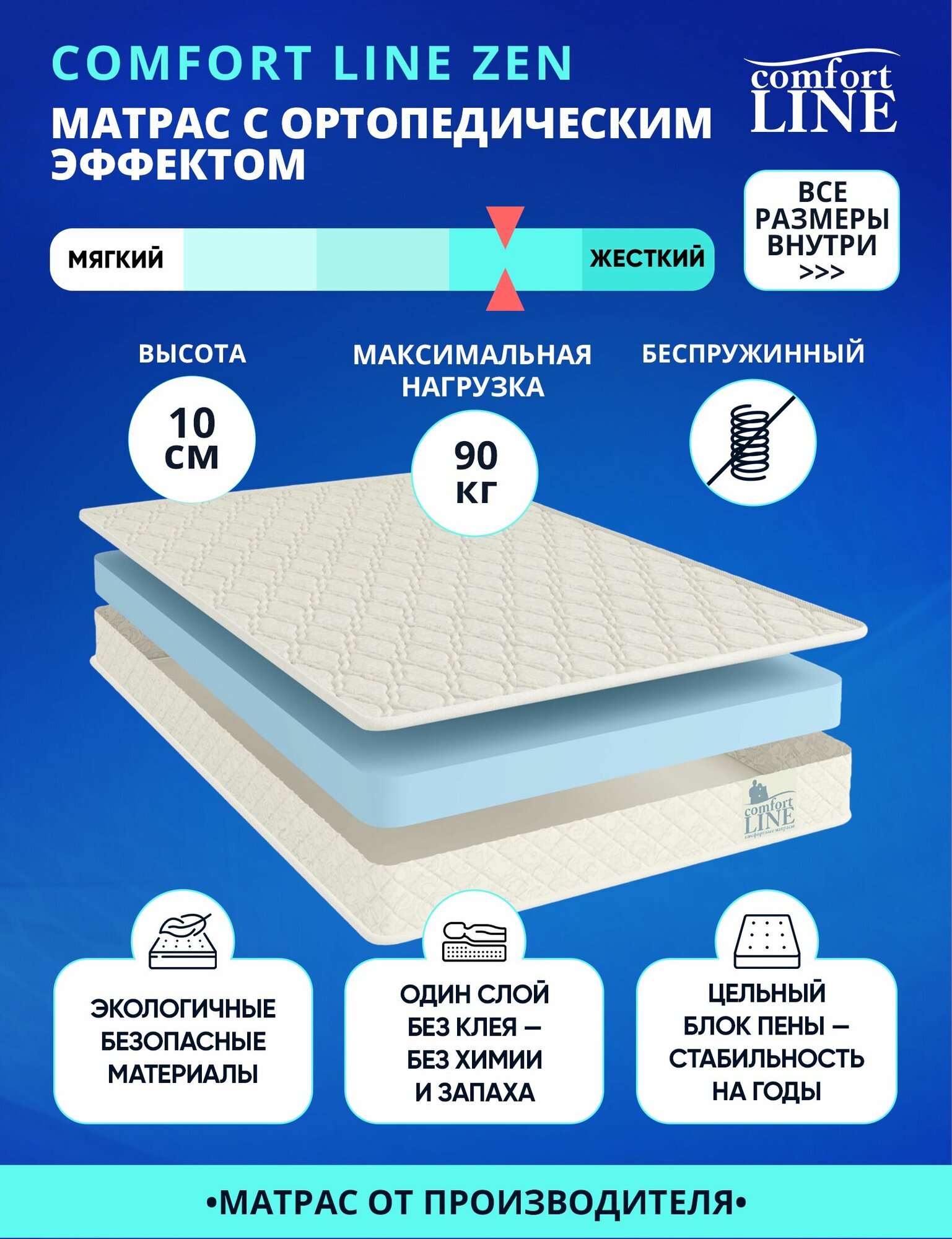 Матрас Comfort Line Zen 85х180 серии Lux высота 10 см анатомический средней жесткости Беспружинный