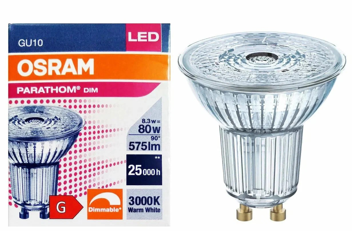 Лампа светодиодная диммируемая LED OSRAM, MR16, GU10, 8.3W, 3000K, теплый белый свет