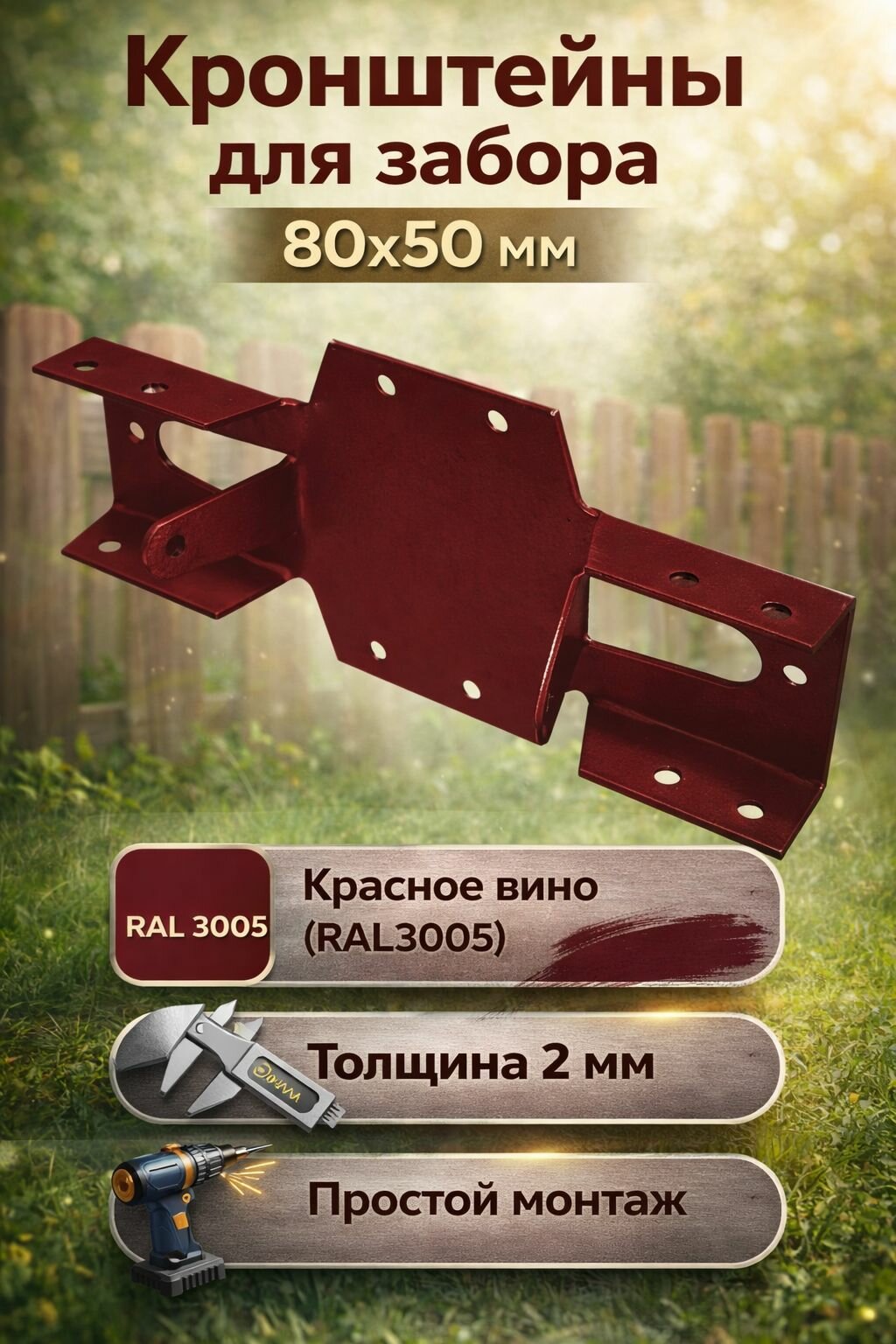 Кронштейн Х-образный соединительный для забора 80х50, 10шт, внутренний, красное вино